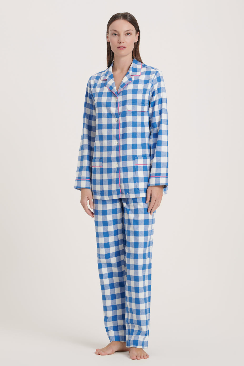 Schostal Cotton Checkered Pajamas - Light Blue & White - Women's ...
